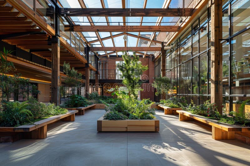 Courtyard Featuring Benches and Plants Enclosed within a Glass Building ...