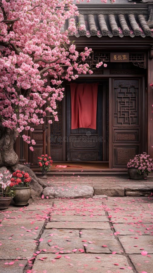 A Courtyard Featuring Pink Blossoms and Asian Architecture is Bathed in ...