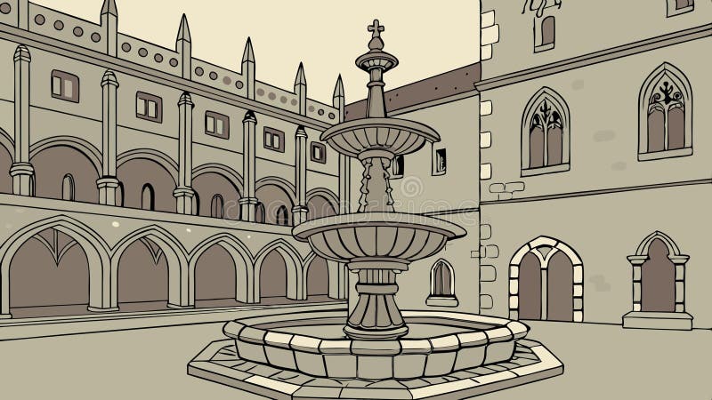 Courtyard with Fountain, Elegant Architecture Water Feature Vector ...