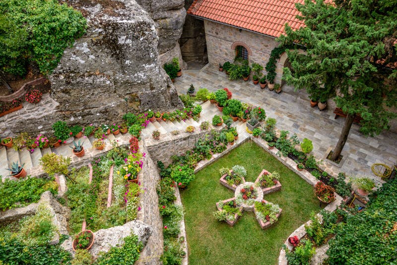 Courtyard of the Holy Monastery of Rousanou in Greece Stock Image ...