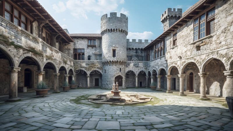 Courtyard of the Mysterious Medieval Castle. Generative AI. Stock ...
