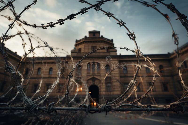 Courtyard and Prison Building Behind Barbed Wire Stock Image - Image of ...