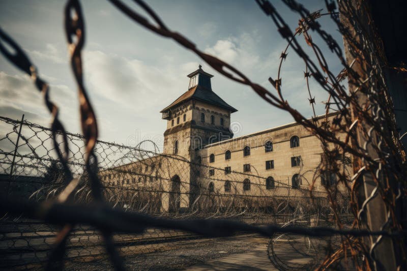 Courtyard and Prison Building Behind Barbed Wire Stock Photo - Image of ...