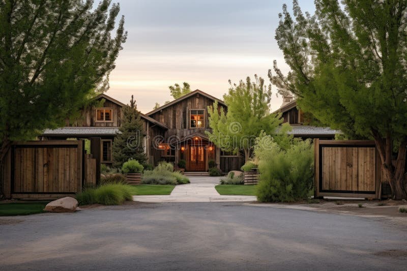 Courtyard Ranch with Rustic Barn Doors Stock Photo - Image of wooden ...