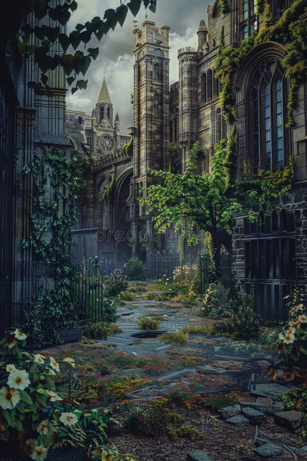 Courtyard Scene with a Clock Tower in the Background. Suitable for ...