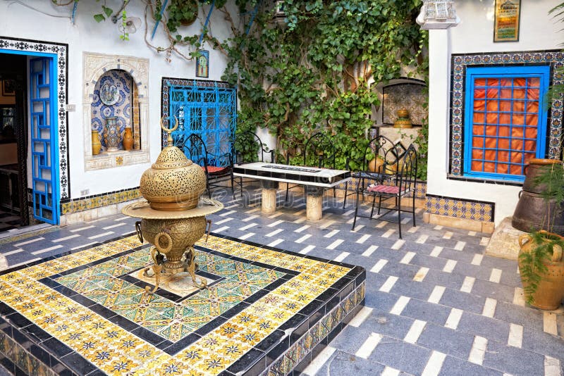 Courtyard at Sidi Bou Said, Tunis, Tunisia Stock Photo - Image of ...