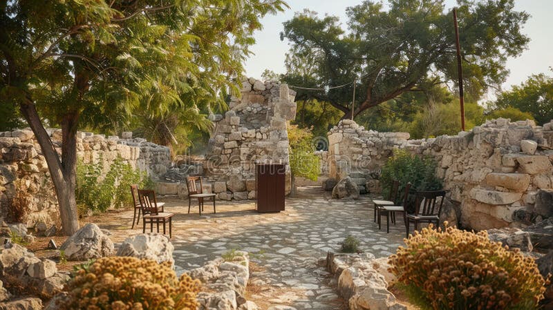 A Courtyard with a Stone Wall and a Few Chairs Stock Illustration ...