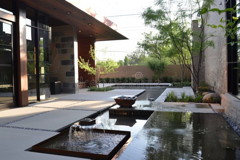 A Courtyard with a Water Feature in the Center, Surrounded by ...