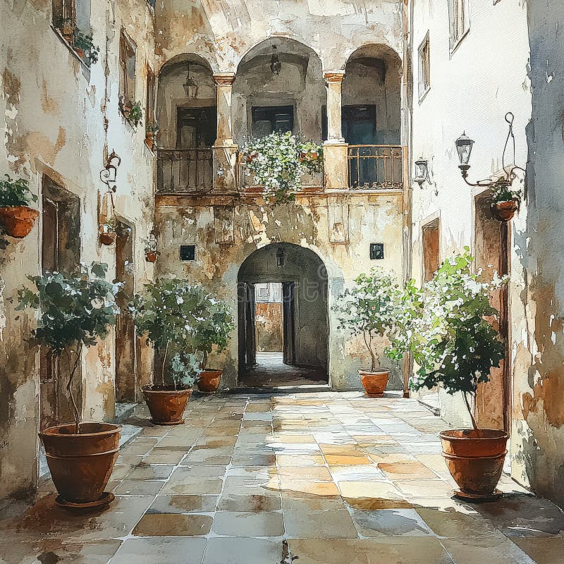 Courtyard with a White Building and a Balcony Stock Photo - Image of ...