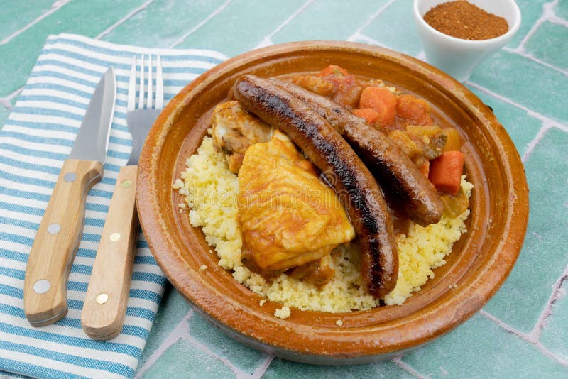 Couscous Dish with Chicken and Merguez Stock Image - Image of oriental ...