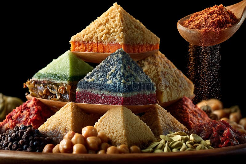 Couscous Pyramid Elevated by Wooden Spoon with Spices Raining Down ...