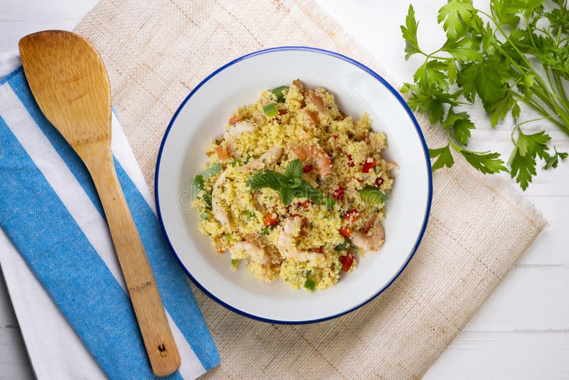 Couscous Salad with Vegetables and Prawns. Top View Table with ...