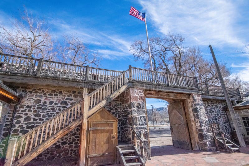 Cove Fort Entrance with American Flag Stock Photo - Image of pioneer ...