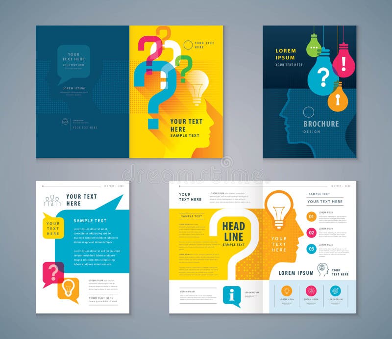 Cover Book Design Set, Colorful Human Head with Light Bulb and Question ...