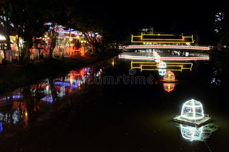 Covered Bridge Over a Small River, Night Lighting, Neon Lights Stock ...