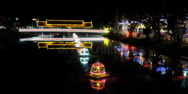 Covered Bridge Over a Small River, Night Lighting Stock Image - Image ...