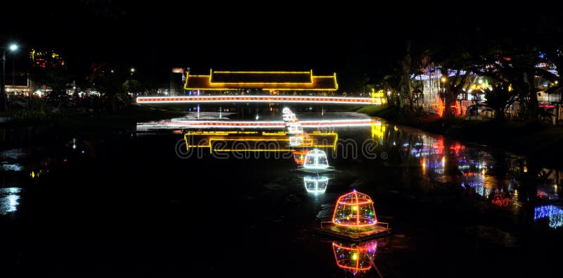 Covered Bridge Over a Small River, Night Lighting, Neon Lights Stock ...