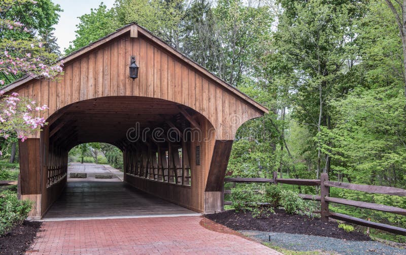 Covered Bridge in Spring Landscape Stock Image - Image of wooden ...