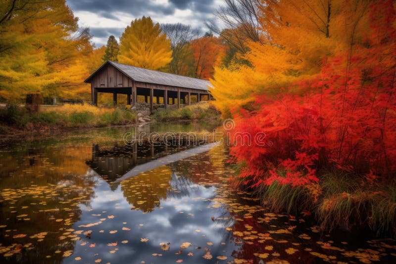 Covered Bridge Surrounded by Vibrant Autumn Foliage Stock Illustration ...