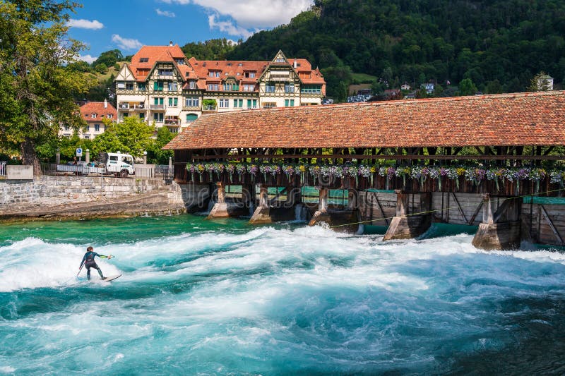 Covered Bridge in Thun editorial photography. Image of switzerland ...