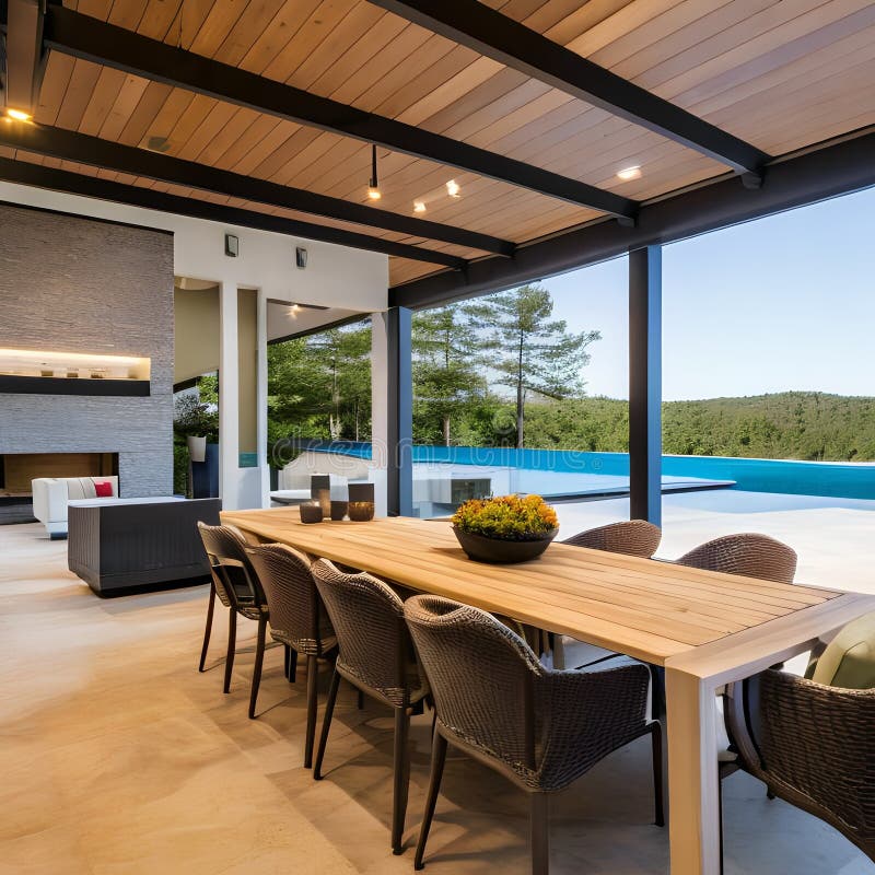 2 a Covered Outdoor Dining Area with a Long Table, Comfortable Chairs ...