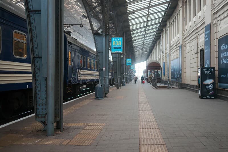 Covered Platform and Standing Passenger Train at Lviv Station Editorial ...