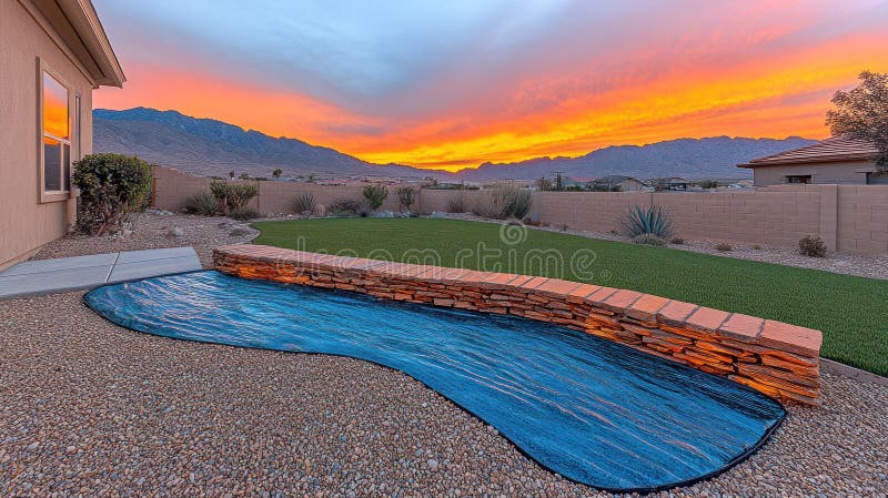 Covered Pool in Backyard with Sunset Mountains Stock Illustration ...