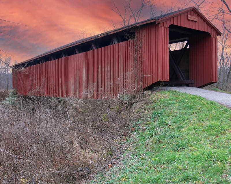 Covered Red Bridge in Southeastern Ohio at Pink Sunset Stock Image ...
