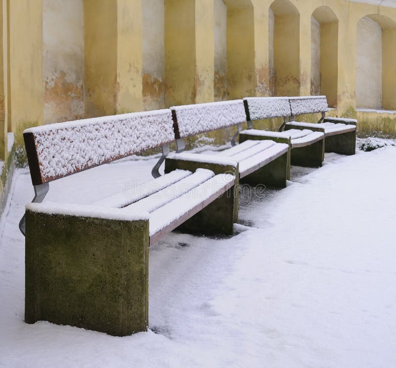 Covered snow bench stock image. Image of yellow, wooden - 29093227