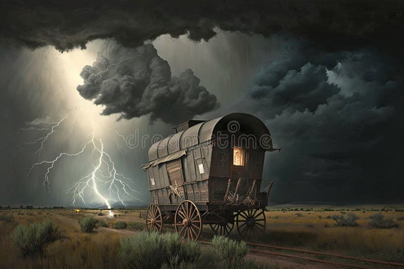 Covered Wagon in the Midst of a Prairie Storm, with Lightning and ...