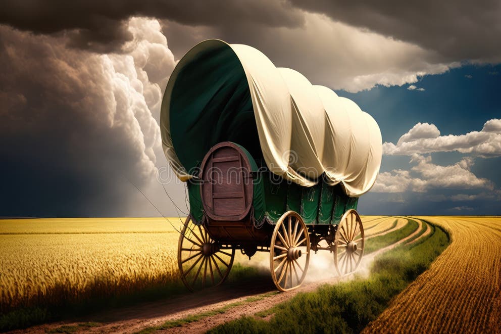Covered Wagon Speeding Across Open Field with the Wind in Its Sails ...