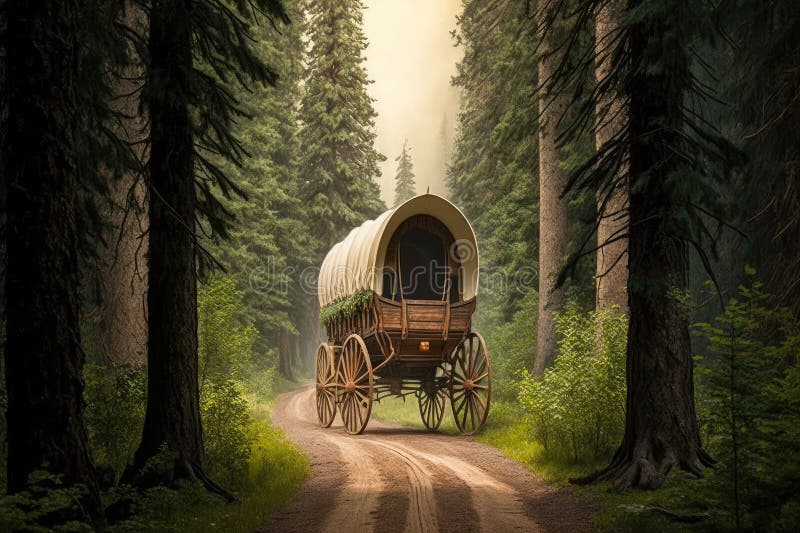 Covered Wagon, Surrounded by Forest of Tall Trees, on a Winding Path ...