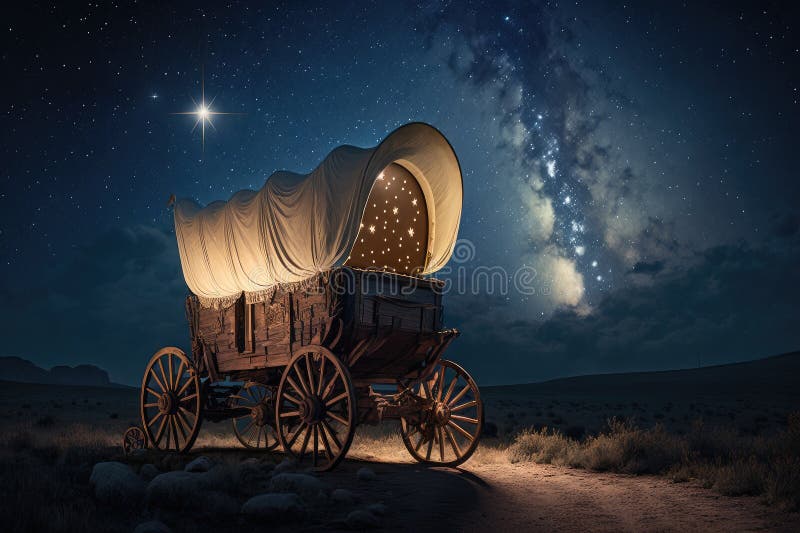 Covered Wagon Under a Starry Sky, with Lanterns Lighting the Way Stock ...