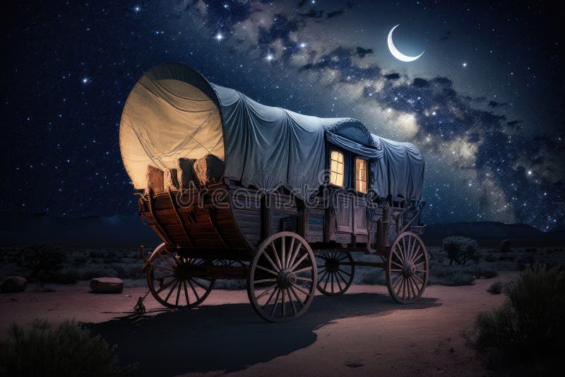 Covered Wagon Under a Starry Sky, with Lanterns Lighting the Way Stock ...