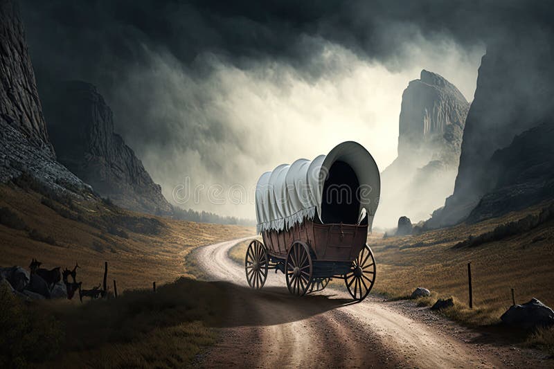 Covered Wagon on a Winding Mountain Road with Dramatic Scenery Stock ...