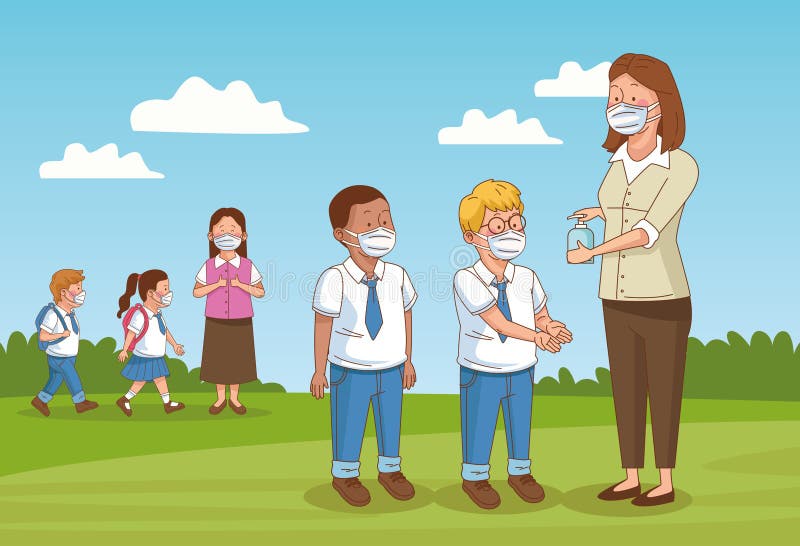 Covid Preventive at School Scene with Students in the Camp Stock Vector ...