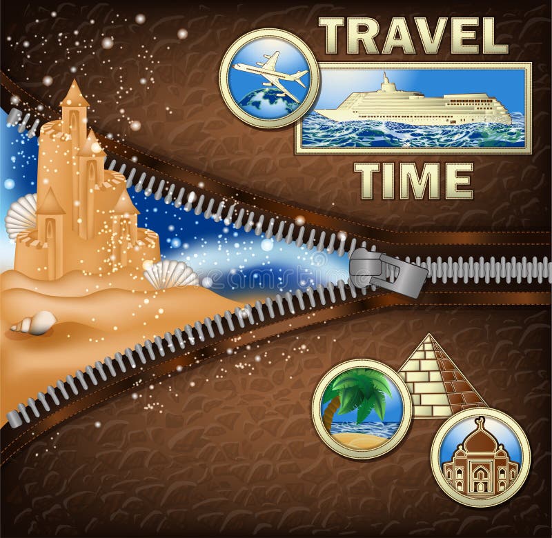 Travel Time Invitation Card with Zipper and Sand Castle, Vector Stock ...
