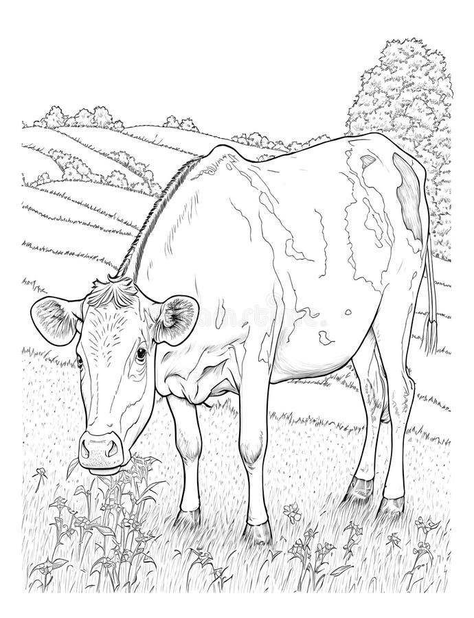 The Cow Grazing in the Country Coloring Page Stock Illustration ...