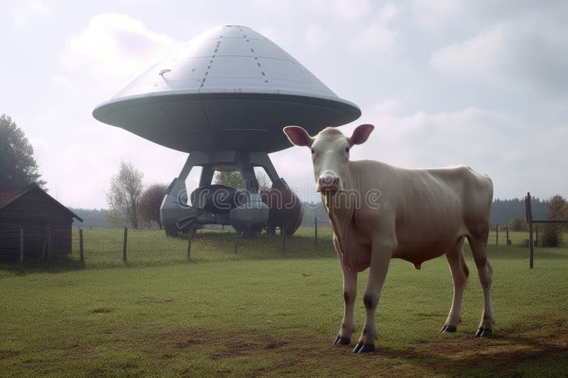 Cow in Calm Pasture, with Alien Spacecraft Hovering Overhead Stock ...