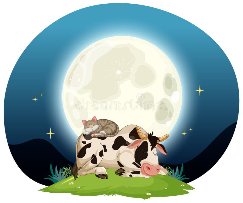 Cow and cat resting stock vector. Illustration of grass - 343163557