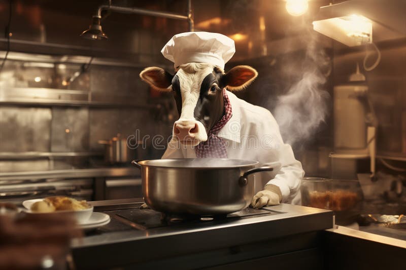 Cow Chef S in Uniform Cook a Food at Restaurant S Kitchen. Stock ...