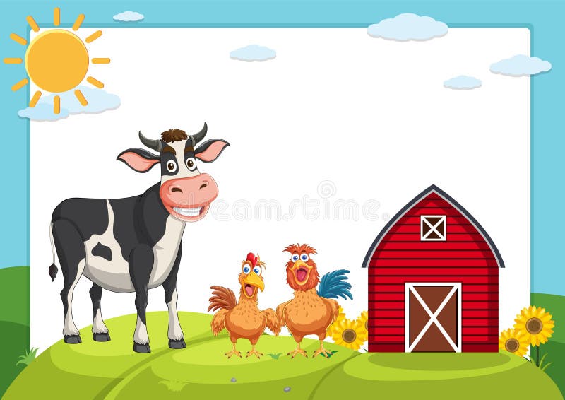 A Cow and Chickens Near a Red Barn Stock Vector - Illustration of ...