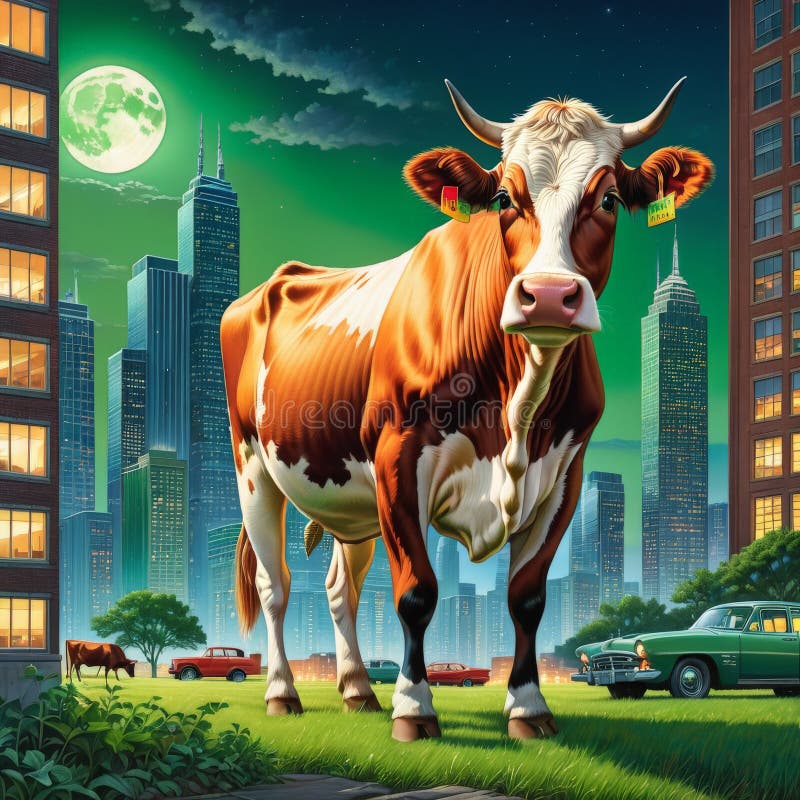 Cow in the city stock illustration. Illustration of summer - 378828246