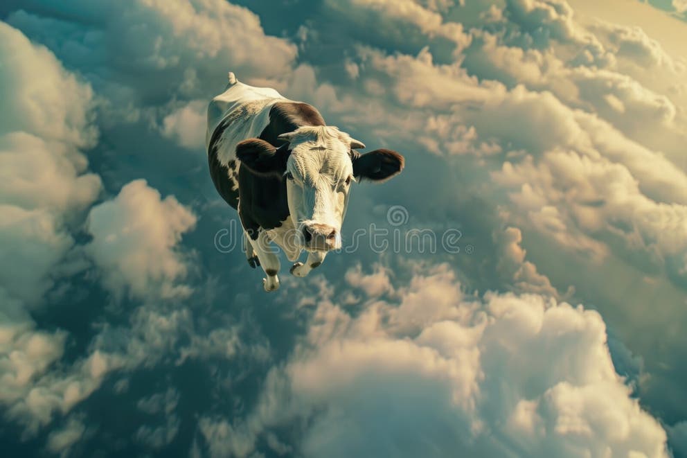 A Cow Defying Gravity, Floating in the Sky Stock Image - Image of ...