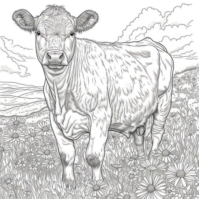 Cow Drawing Coloring Book Page Stock Illustration - Illustration of ...