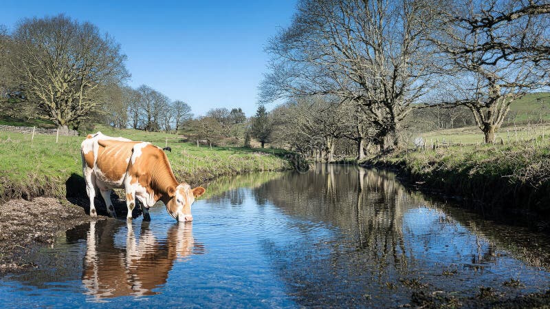 Cow Drinking from Stream in Rural Setting Stock Image - Image of stream ...