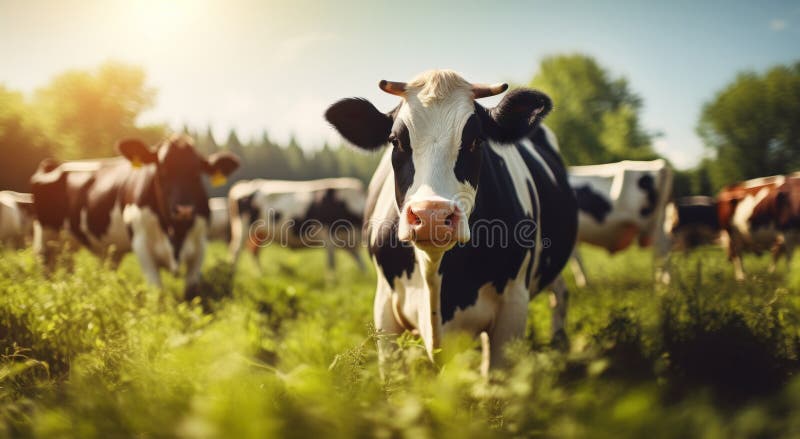 Cow in Farm in Full Sun with Cows Walking in the Park Stock Image ...