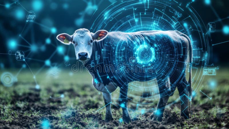 Cow in Field with Futuristic Digital Overlay Stock Illustration ...