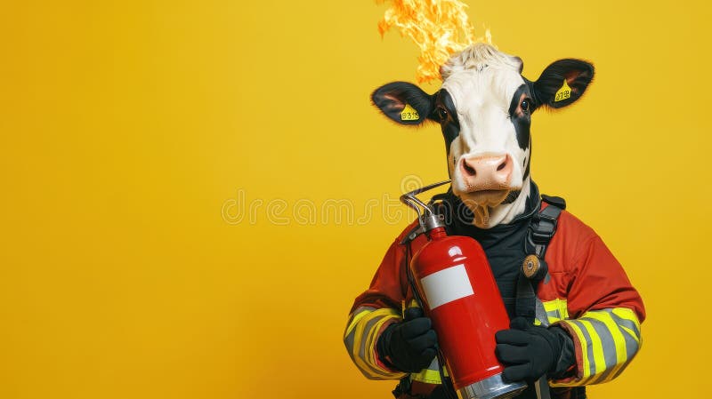 Cow in Firefighter Uniform with Fire Extinguisher Stock Illustration ...