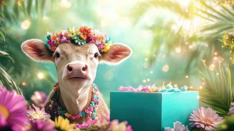 Cow with Floral Crown and Gift Box Surrounded by Flowers in a Tropical ...